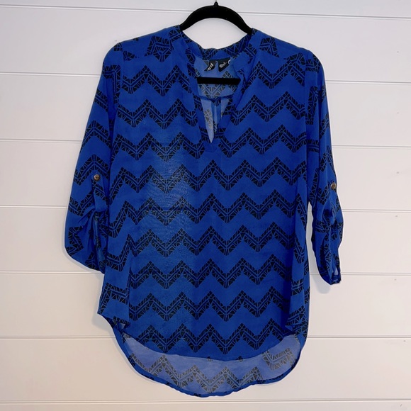 Ultra Flirt | Tops | Chiffon Blouse Royal Blue With Black Zig Zag L ...